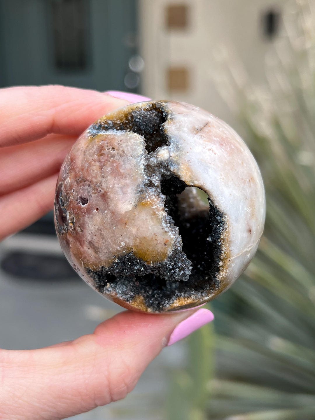 Pink Amethyst Black Druzy Sphere 169g/49mm, Pink Amethyst Sphere, Pink Amethyst Ball, Amethyst ...