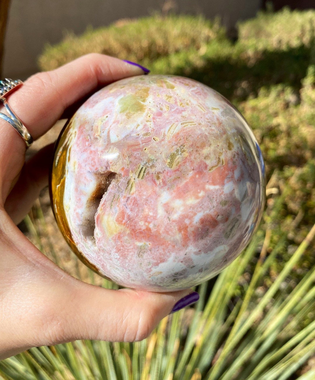 2.1lb Pink Ocean Jasper Sphere W/ Stand 88mm, Sea Jasper Sphere ...