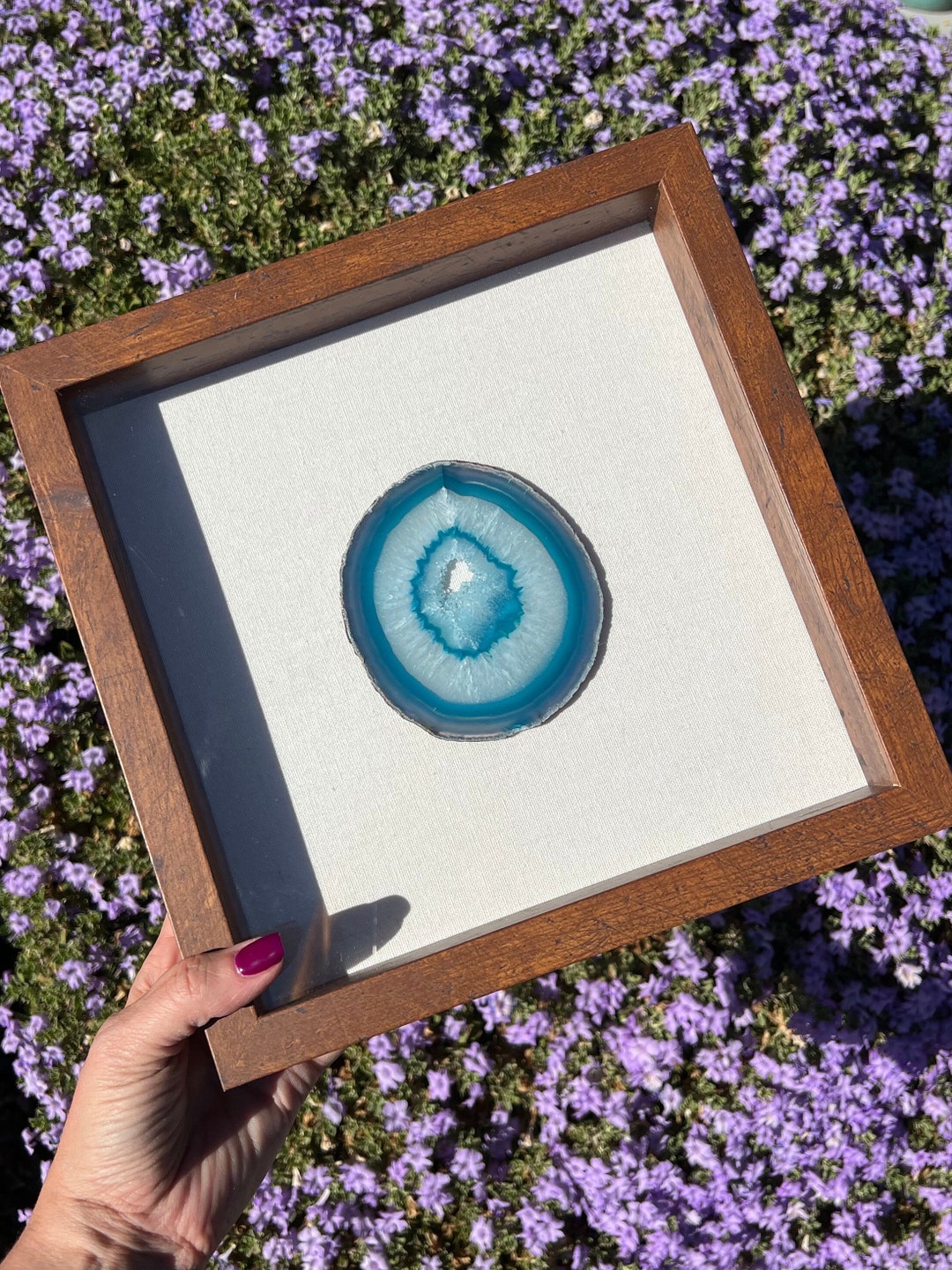 10x10 Brown Shadowbox Framed Blue Agate Geode Slice, Crystal Home Decor ...