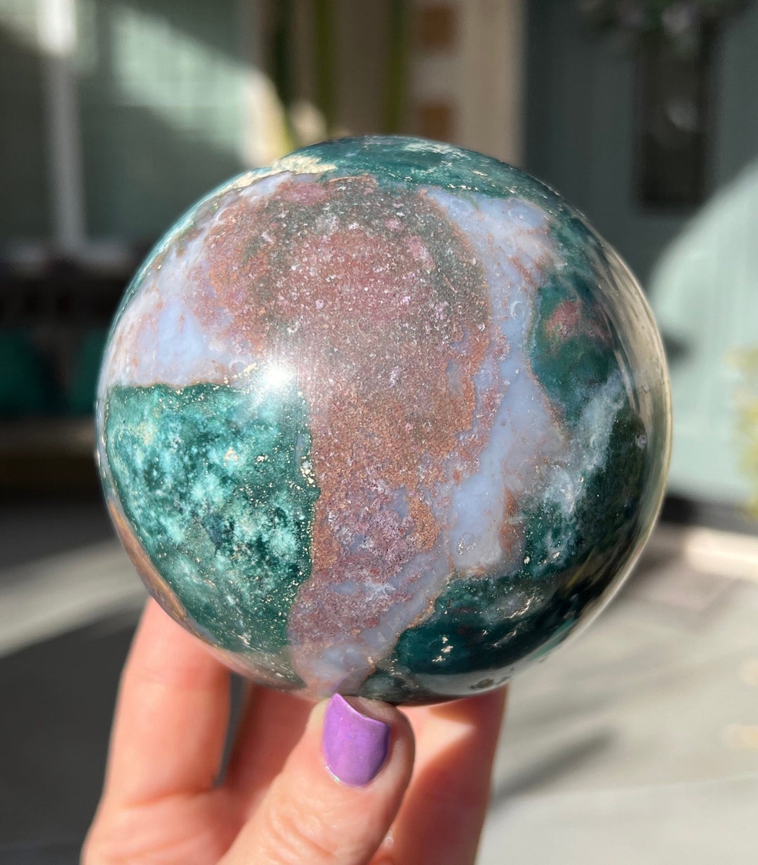 2.3lb Green Ocean Jasper Sphere W/ Stand 89mm, Sea Jasper Sphere ...