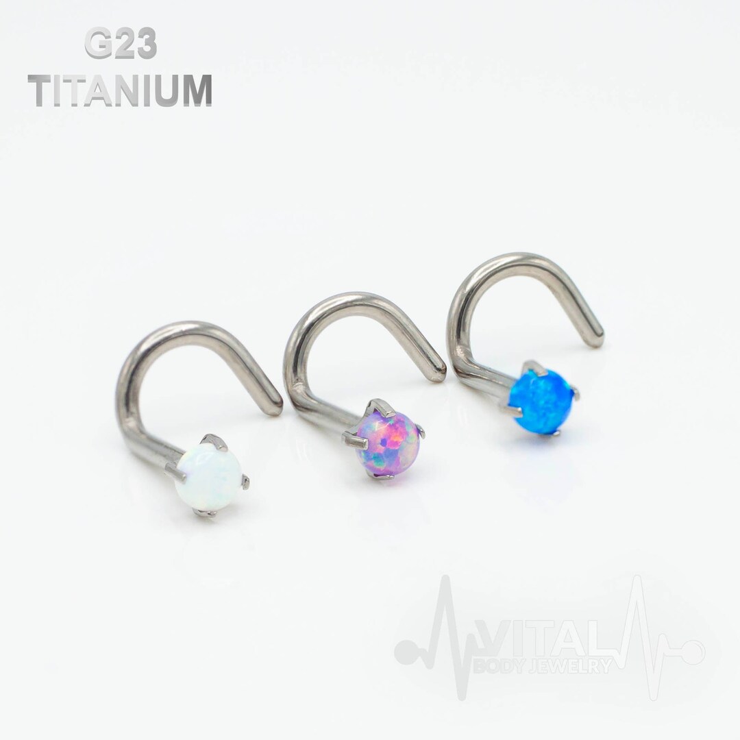 18G and 20G Opal Corkscrew Nose Ring, G23 Titanium, 2.5 MM Prong Set ...