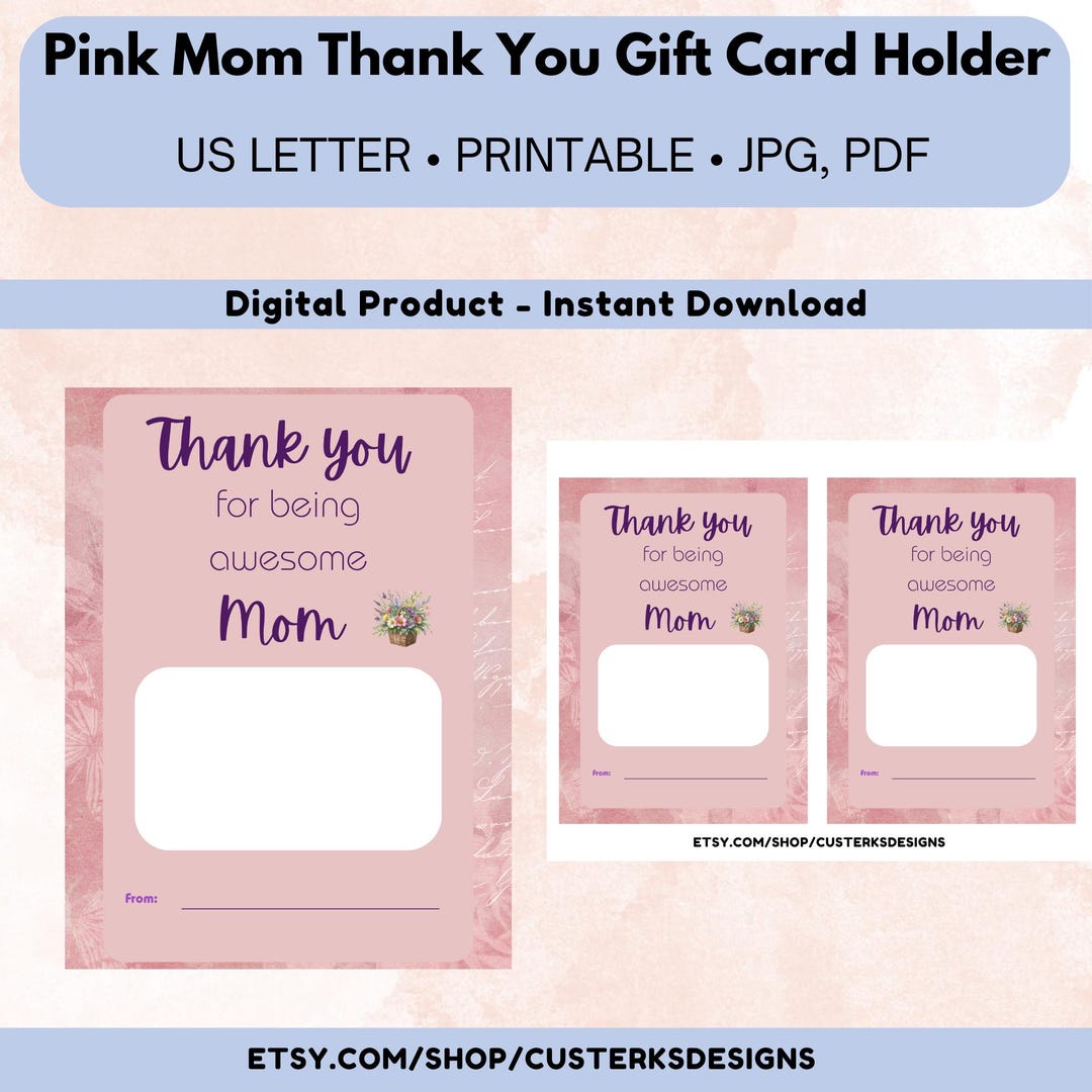 Pink Mom Gift Card Holder, Thank You Gift Card Holder, Printable Gift ...