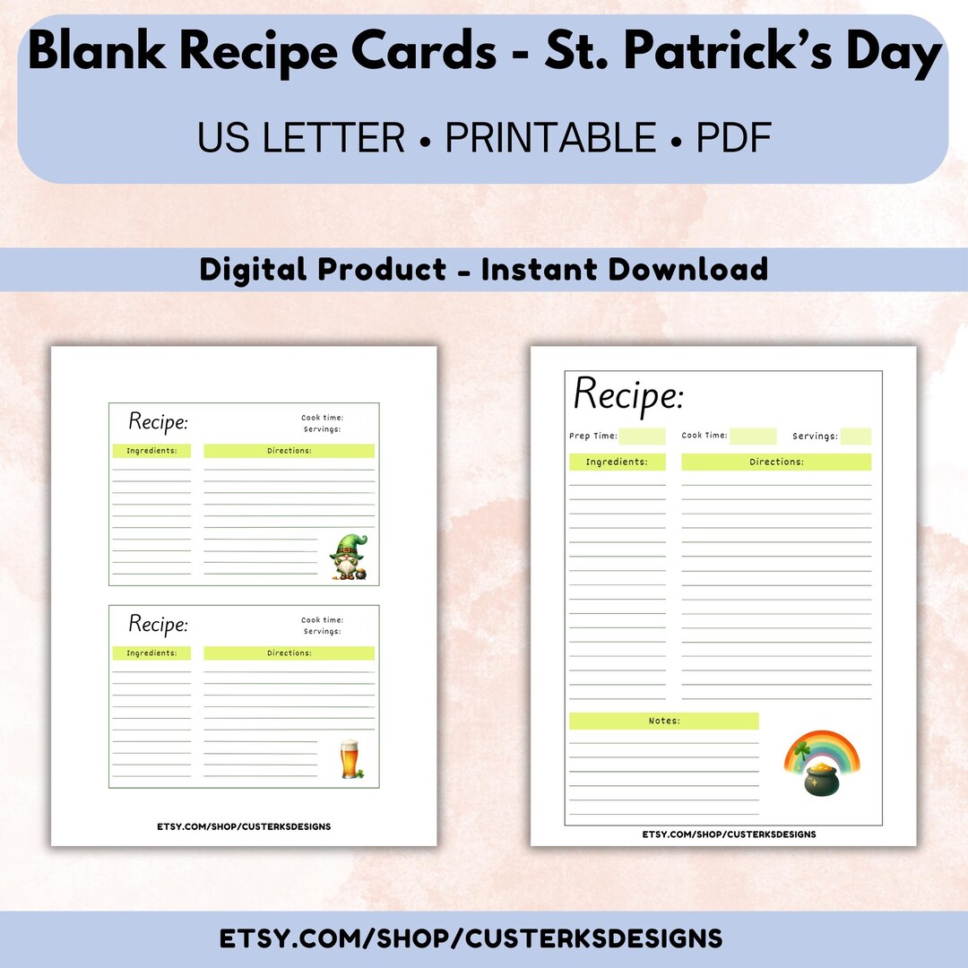 Printable Blank Recipe Cards | Recipe Card | St. Patrick's Day, Gnome ...