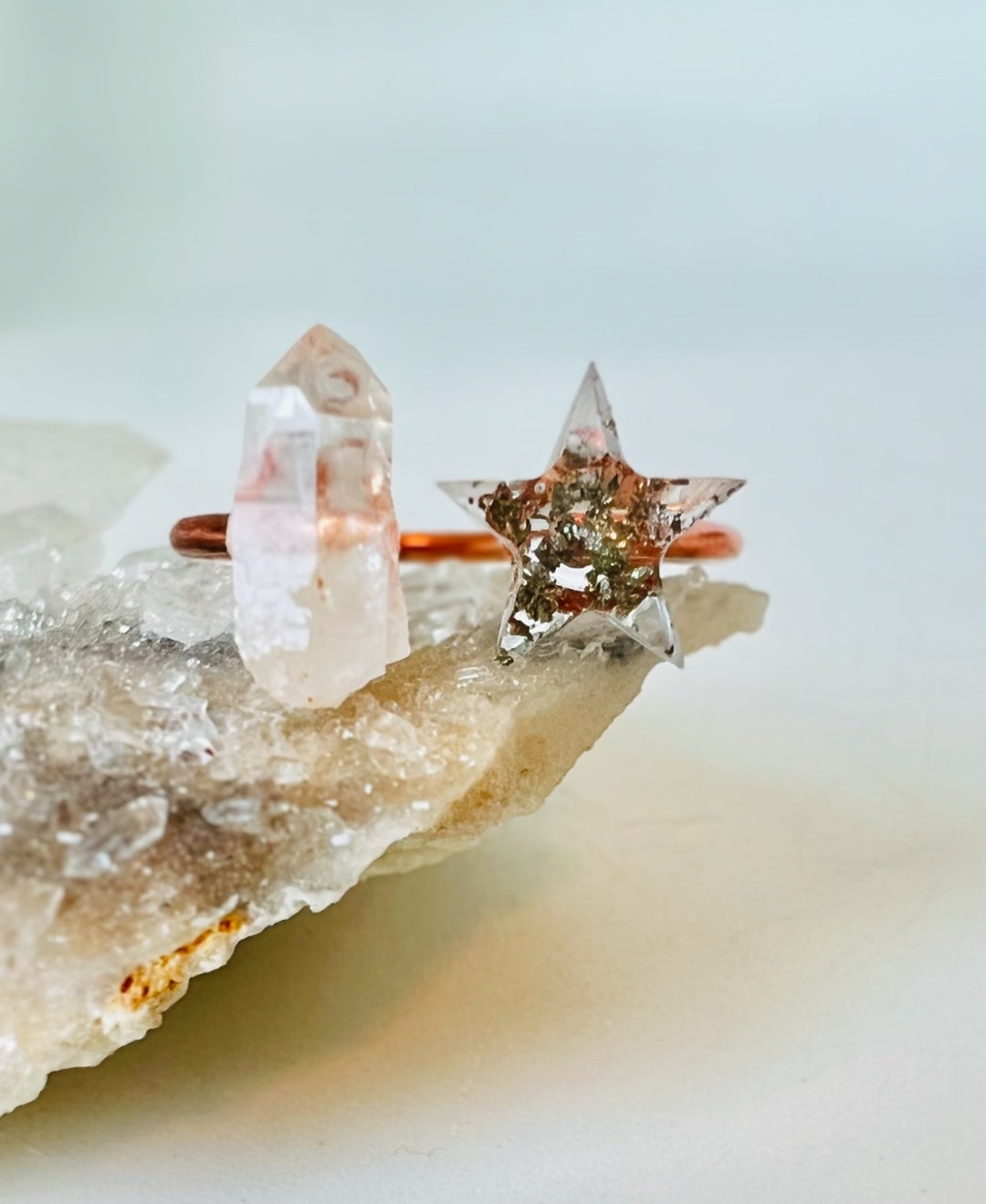 Raw Crystal Ring, Quartz With Pyrite Ring, Adjustable Crystal Resin ...