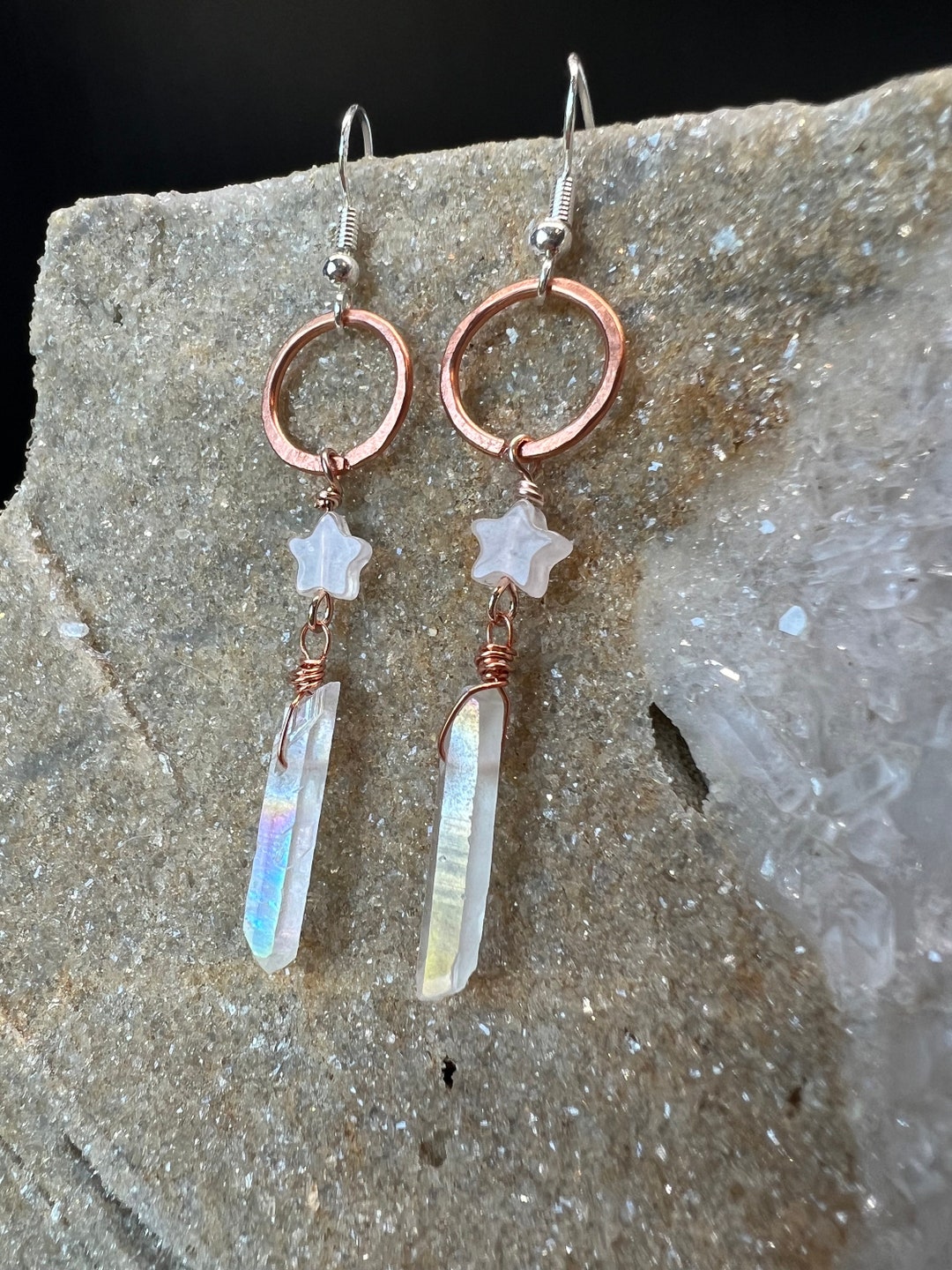 Angel Aura Earrings | Raw Aura Quartz Earrings | Rose Quartz Dangle ...