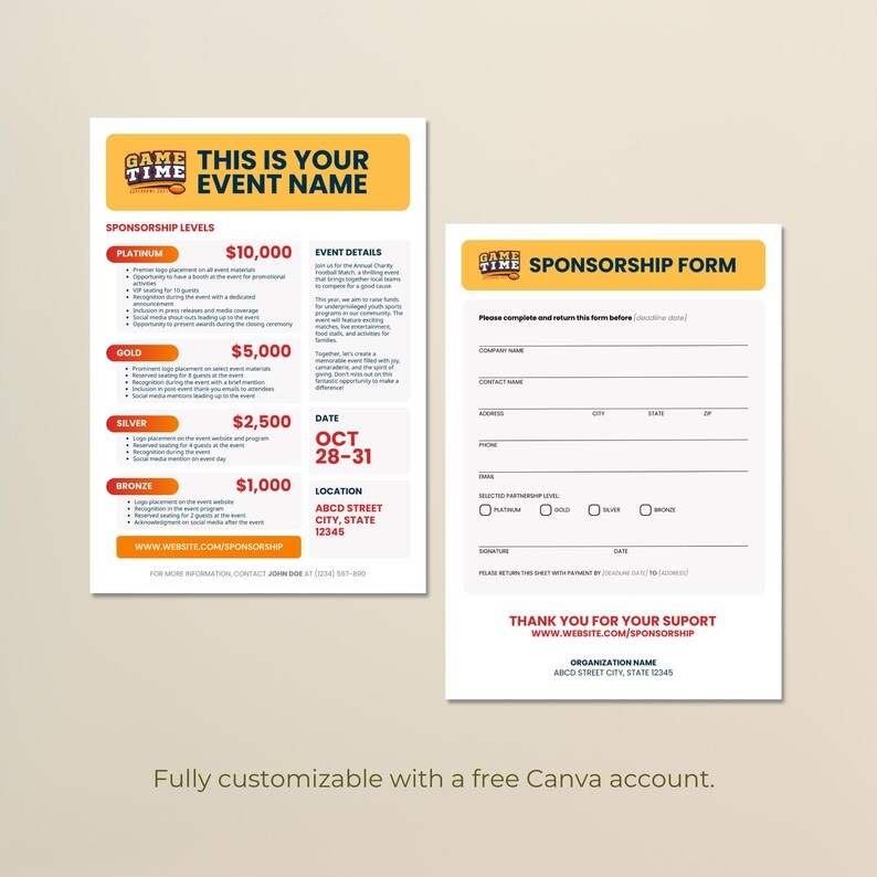 Football Event Sponsorship Levels Form Editable Template Canva - Etsy