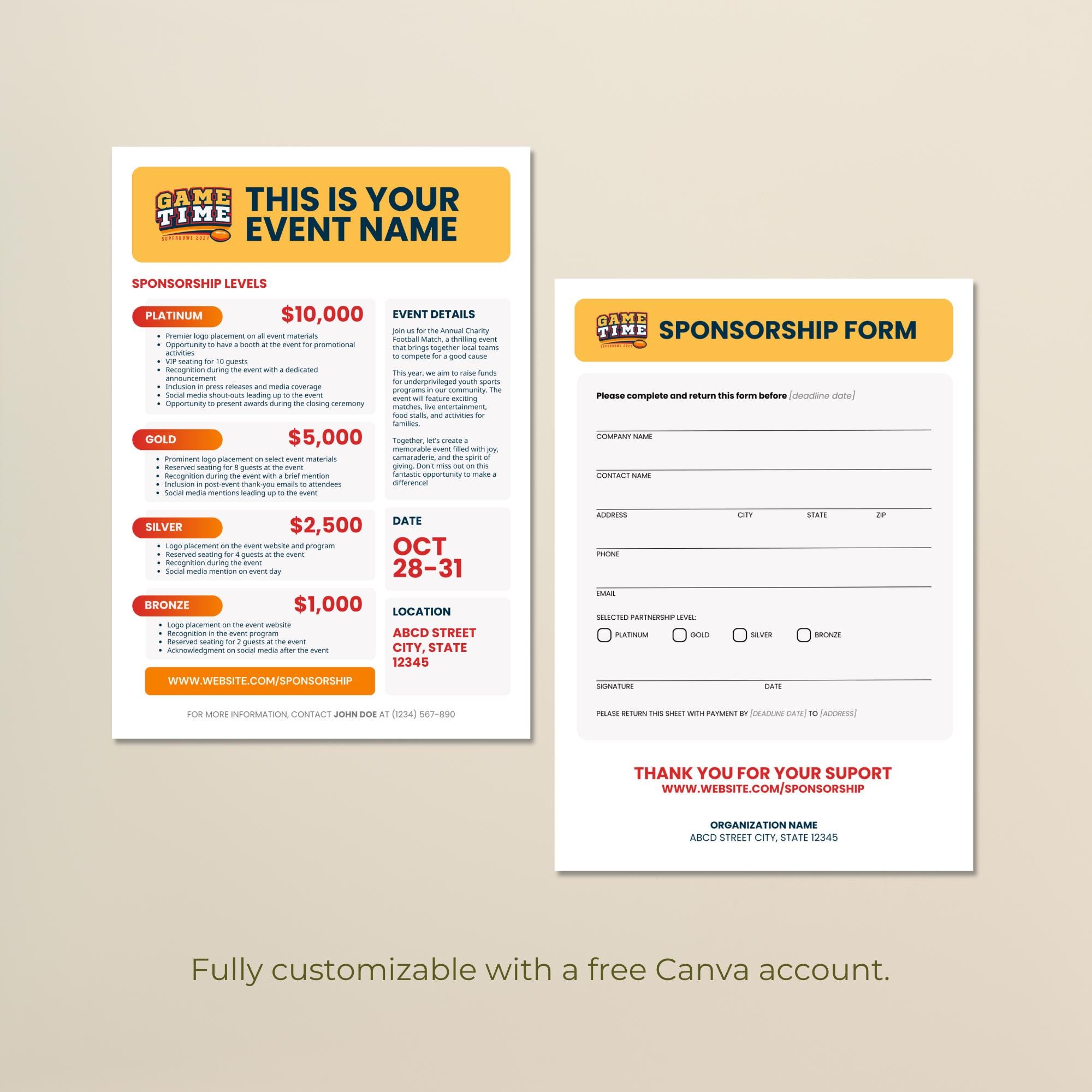 Football Event Sponsorship Levels Form Editable Template Canva - Etsy