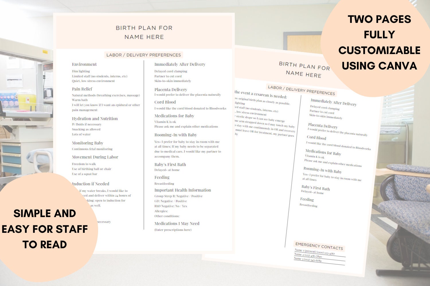 Customizable Birth Plan Template, Simple Birth Plan, Editable on Canva ...
