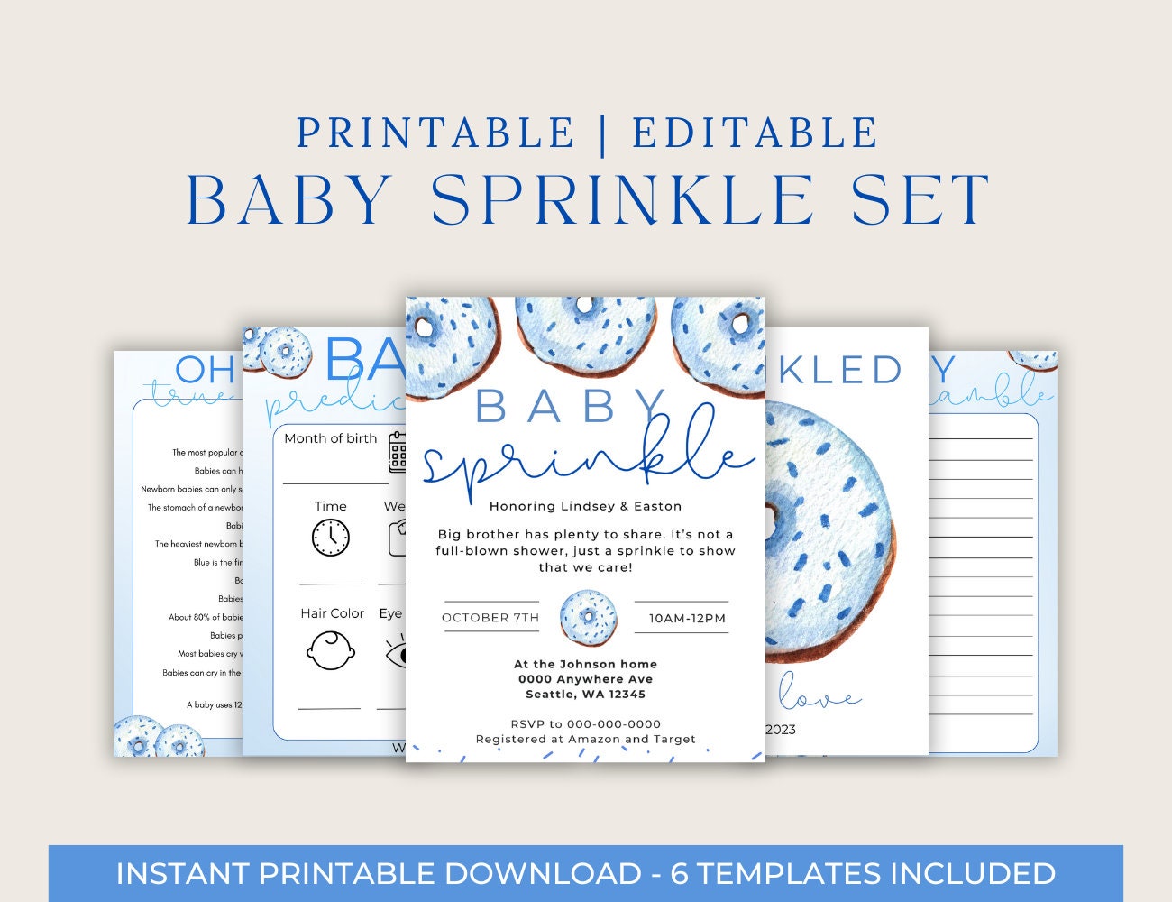 Blue Donut Themed Baby Sprinkle Invitation & Games - Digital Download ...