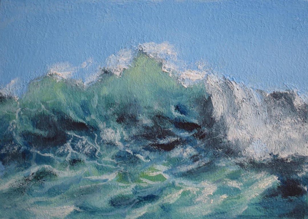 Original Oil Sketch of Translucent Breaking Ocean Wave. Small Format ...