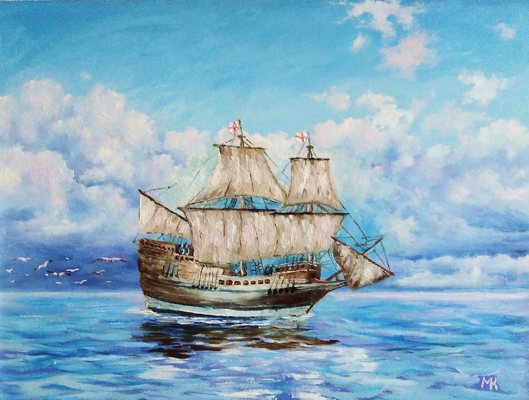 Mayflower at Sea. Mayflower Ship Oil Painting. Historical Original ...