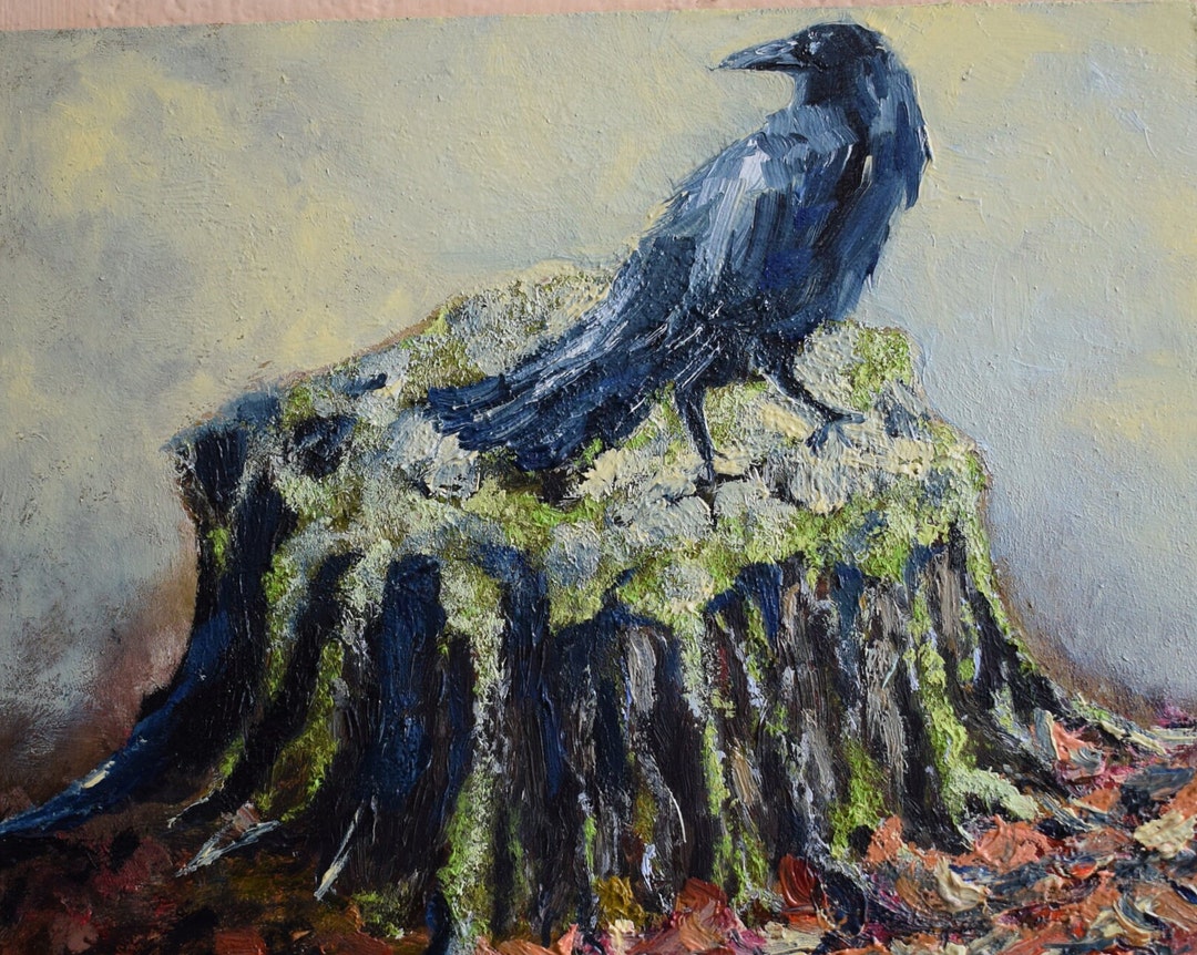 Black Crow on the Stump Covered With Moss Small Format Original Oil ...