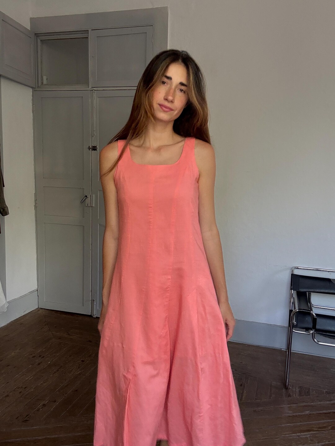 Vintage Coral Sundress, 90s Ramie Cotton Midi | Cottagecore Summer ...