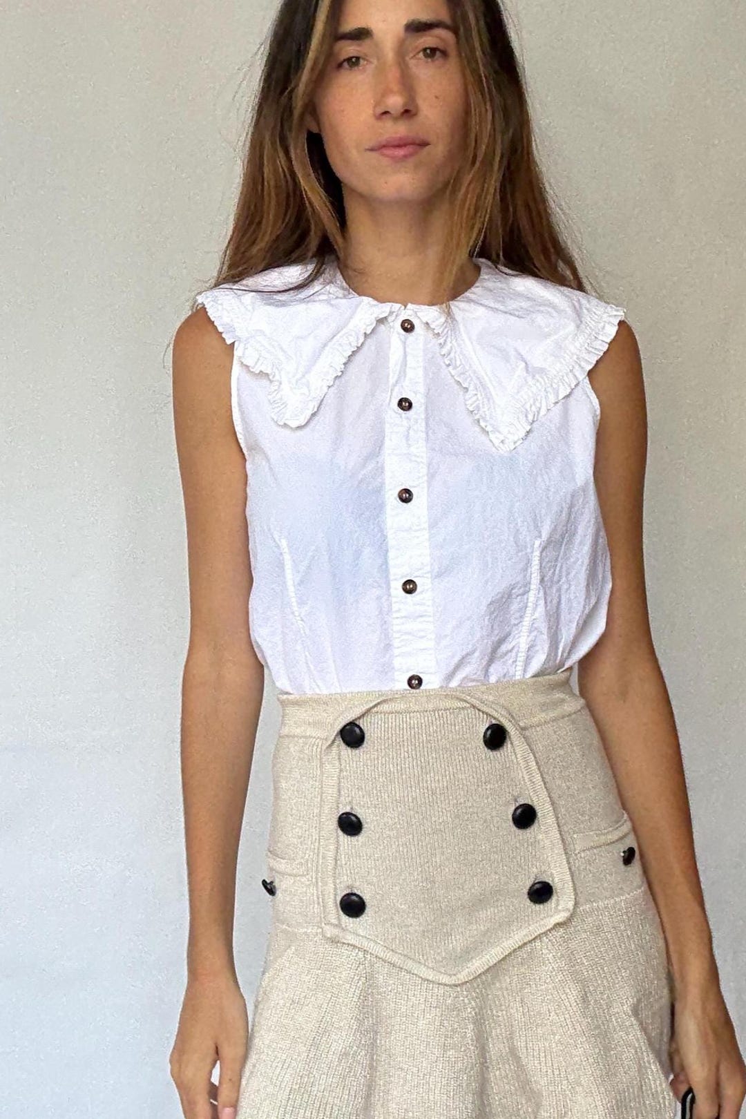 Ganni White Ruffle Collar Blouse – Sleeveless Cotton Top US M ...