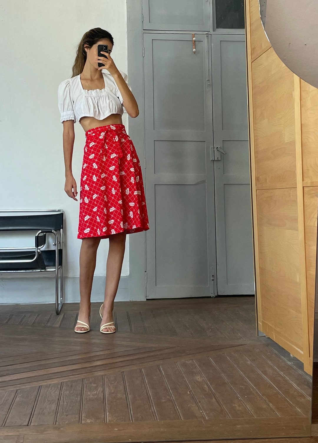 Retro Red and White Floral Midi Skirt, High Waist Vintage Flower ...