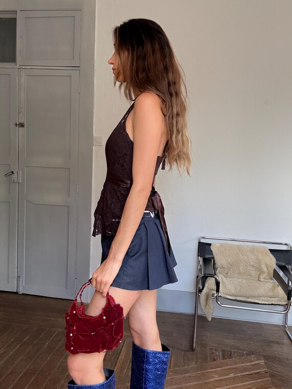 Vintage deep red velvet handbag with gold metal frame… - Gem