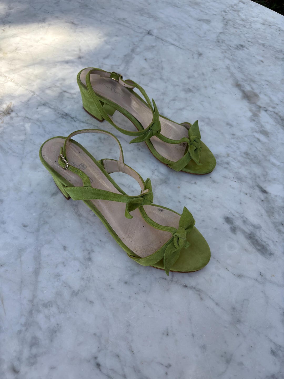 Vintage Green Suede Low Block Heels, Spanish Designer Summer Pumps ...
