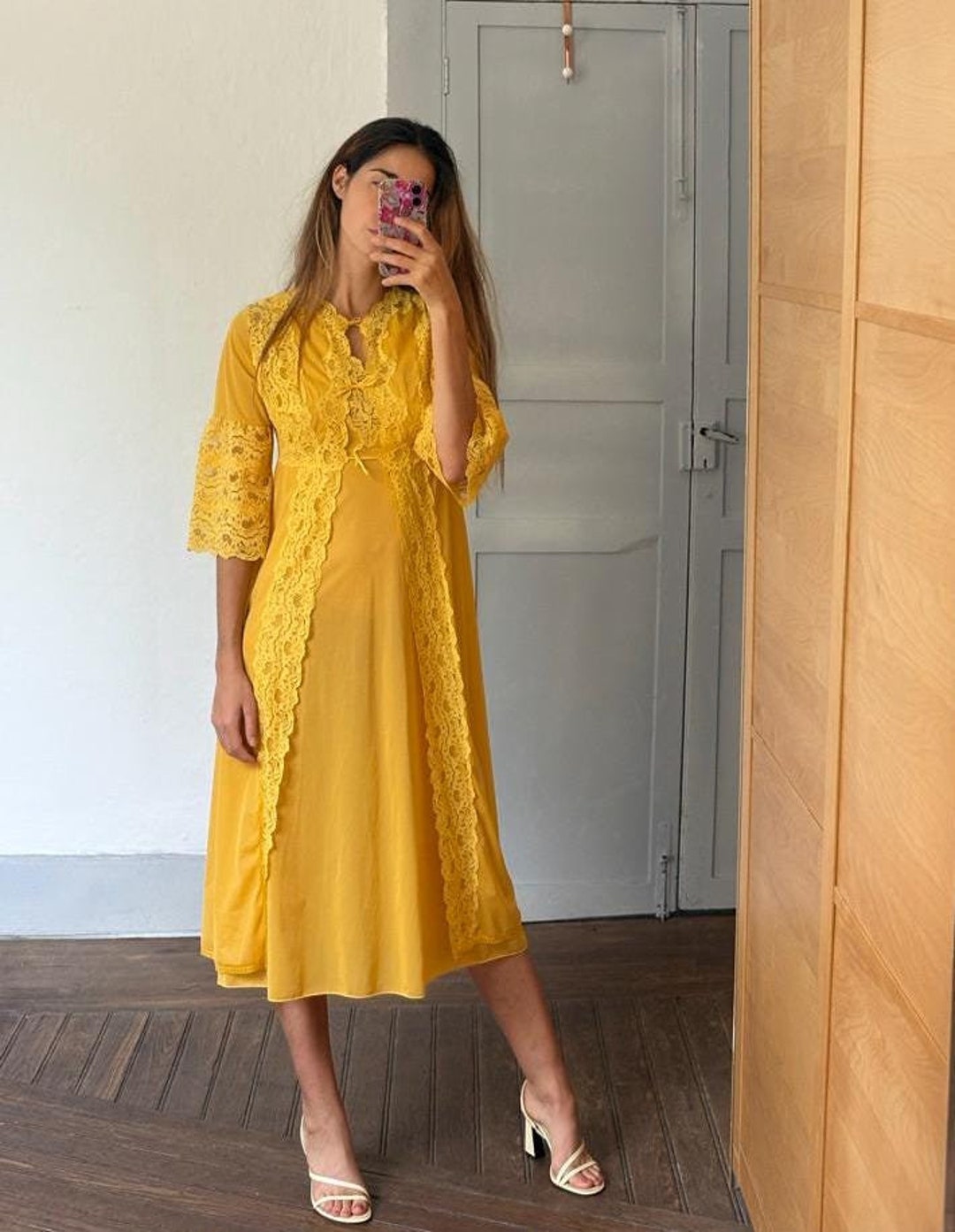 Vintage Italian Design Lace Curry Yellow Night Robe Set, Long Romantic ...