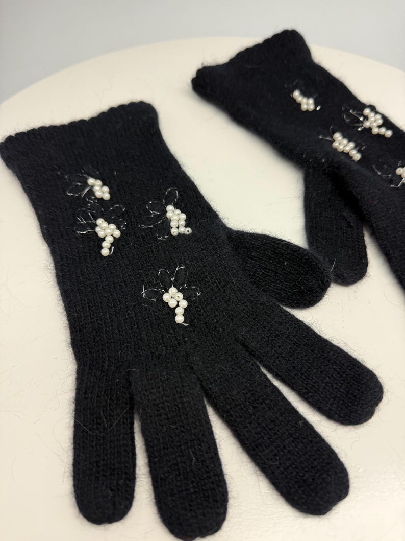 Black Lambswool Angora Gloves, Women Pearl Beaded Winter Gloves ...