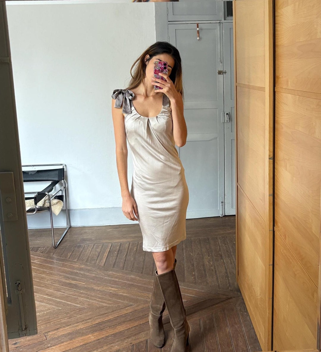 Vintage Silk Silver Maje Paris Midi Dress, Formal Brunch Outfit, Luxury ...