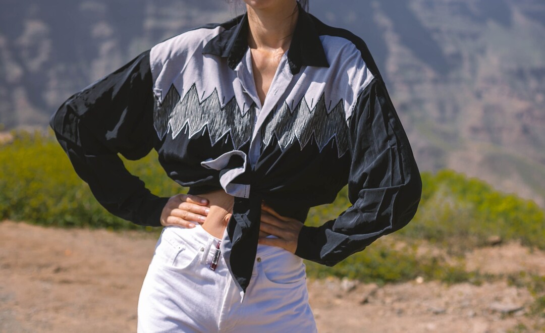 Vintage Black Blouse Large Andrés Garcia Western Cowboy Pattern Long ...