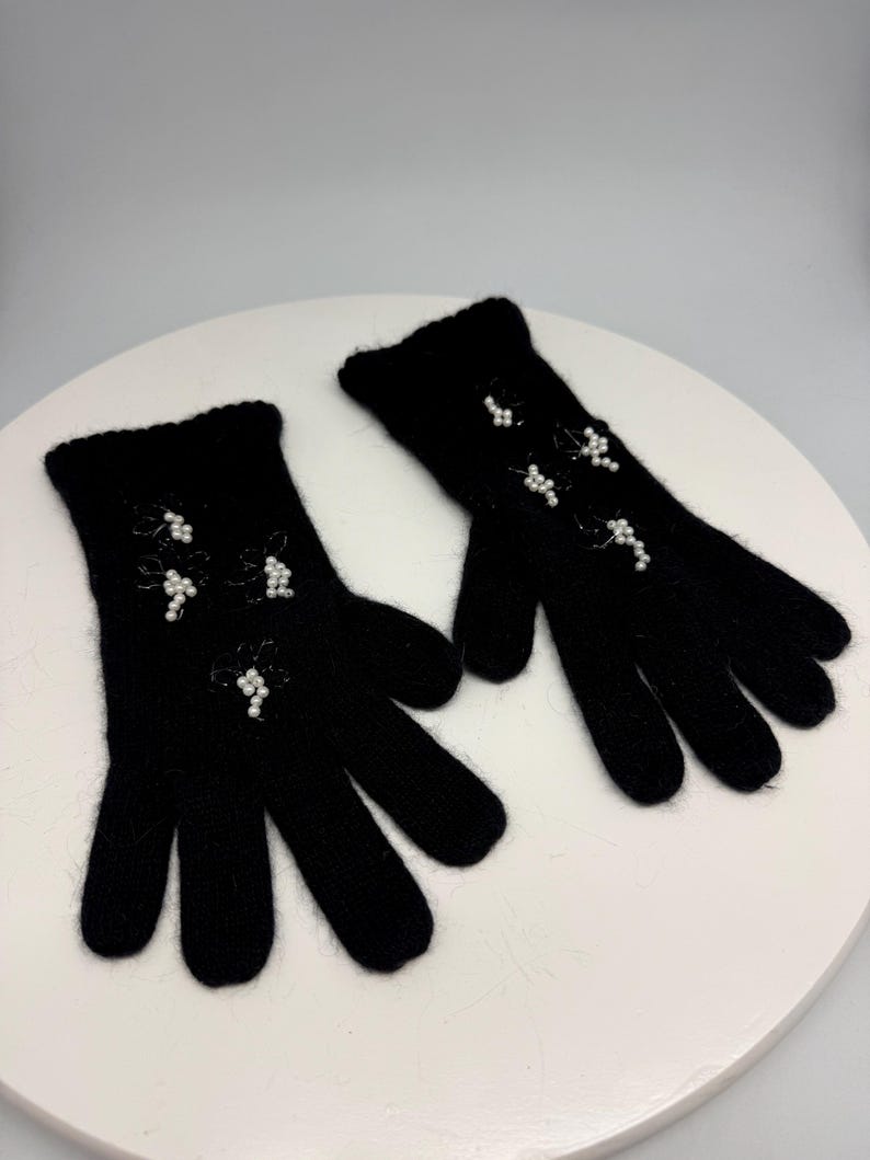 Black Lambswool Angora Gloves, Women Pearl Beaded Winter Gloves ...