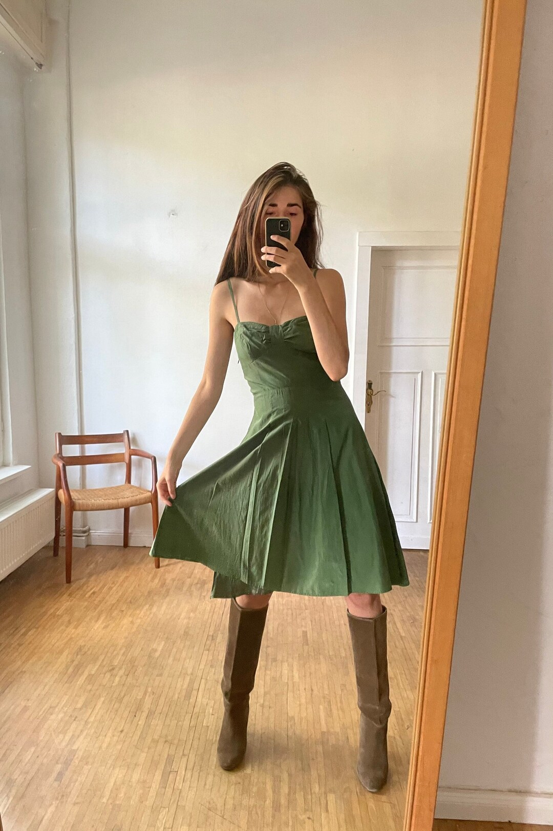Strappy Green Knee Length 90s Dress, Retro Green Dress, Cute Cocktail ...