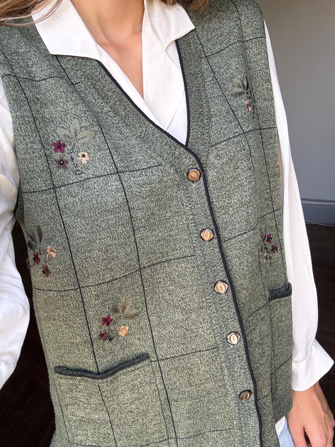 Moss Green Vintage Wool Woman Vest, Cottage Core Floral Sequin ...