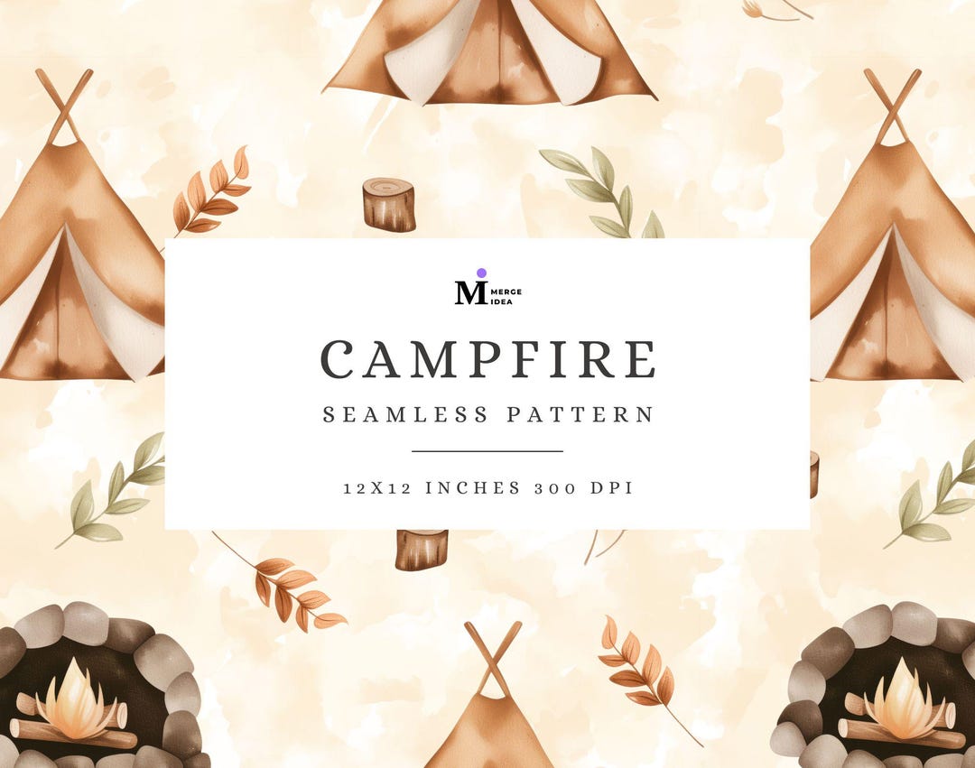 Campfire Digital Paper, Camping Seamless Pattern, Boho Woodland Fabric ...