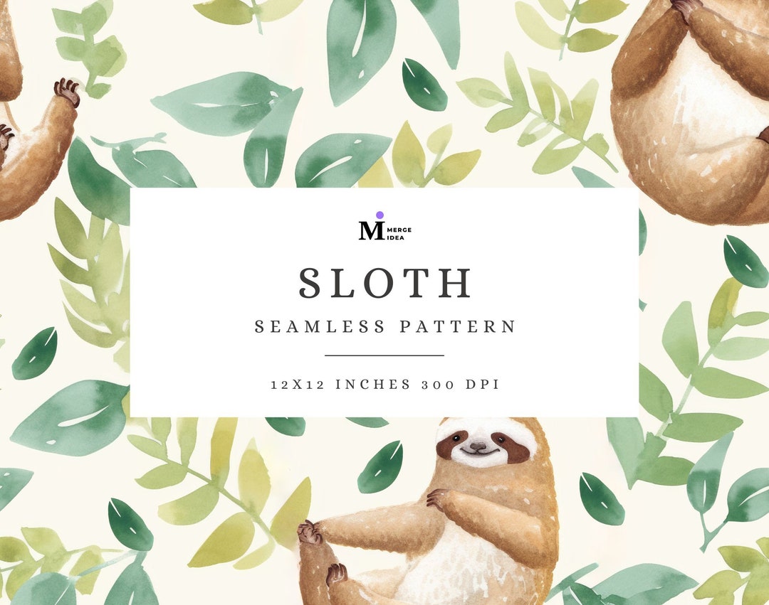 Sloth Seamless Pattern, Watercolor Sloth Digital Paper, Exotic Animal ...