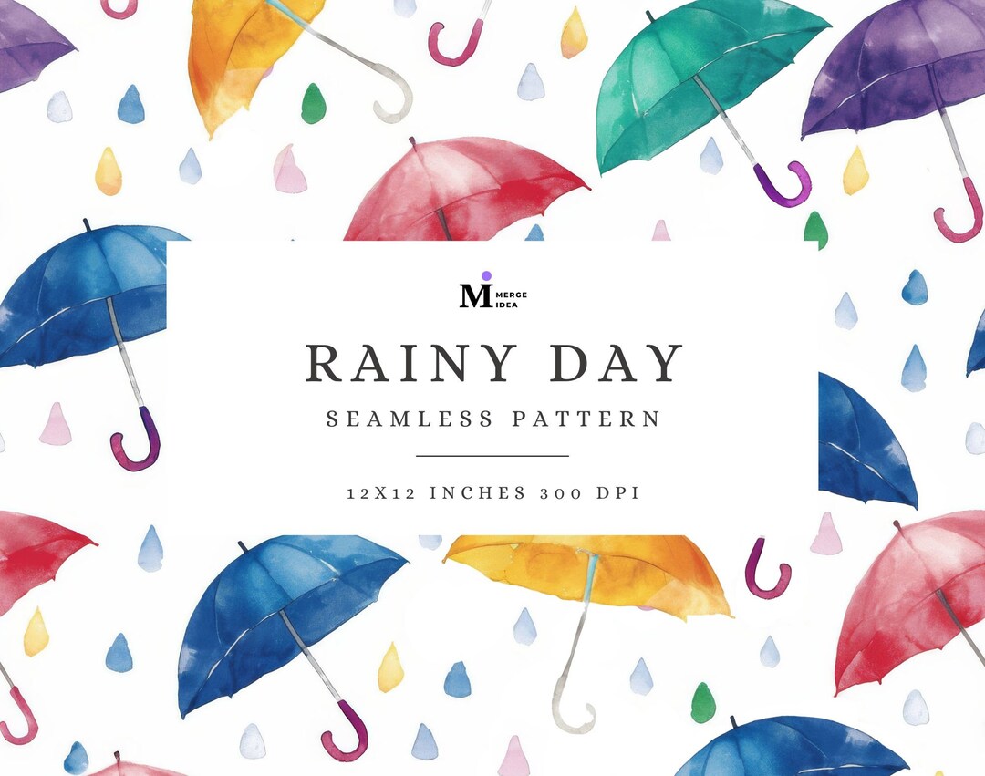 Rainy Day Seamless Pattern, Watercolor Rain Digital Paper, Umbrella ...