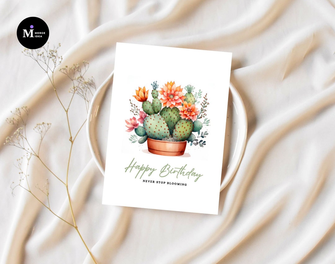 Cactus Birthday Card Printable, Watercolor Cactus Digital Card, 90th ...