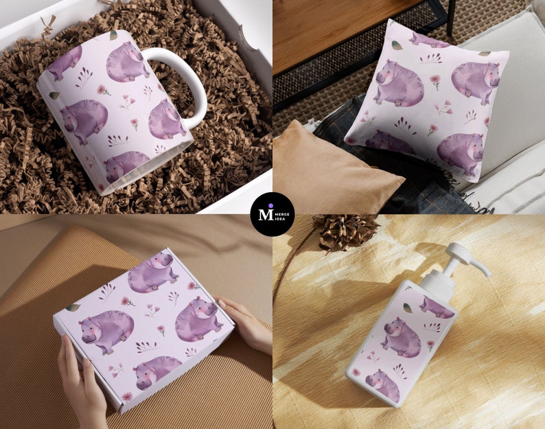 Baby Hippo Seamless Pattern, Moo Deng, Hippos, Watercolor Hippopotamus ...