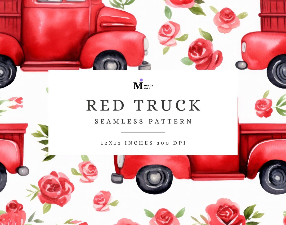 Red Truck Seamless Pattern, Vintage Rose Digital Paper, Floral Pattern ...