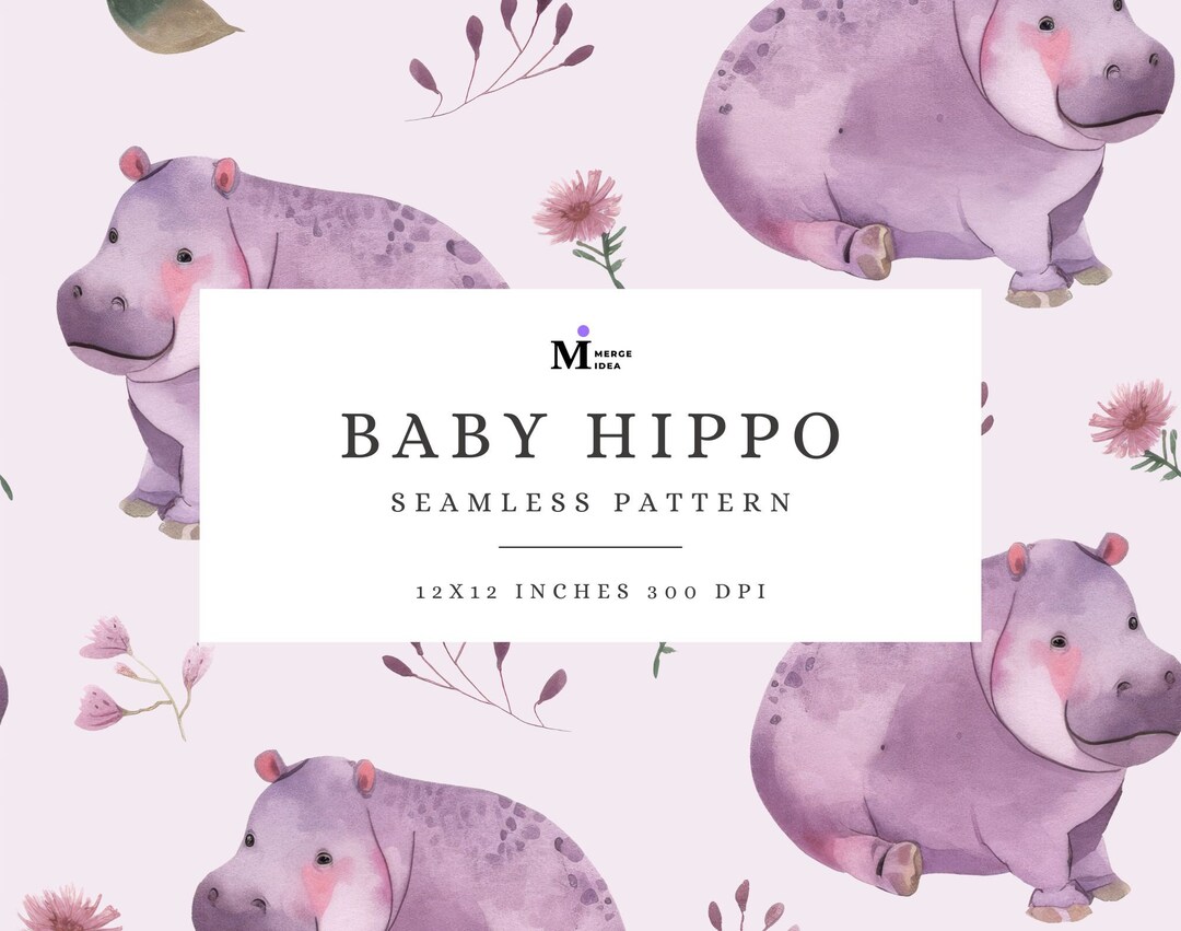 Baby Hippo Seamless Pattern, Moo Deng, Hippos, Watercolor Hippopotamus ...