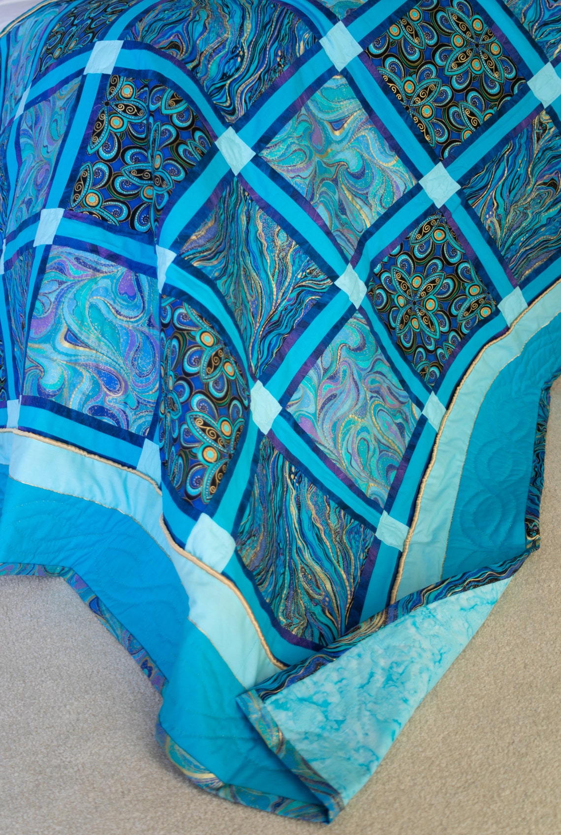 Quilt in Bright Ocean Blues, Teal, Green, and Purple With Bright Gold ...