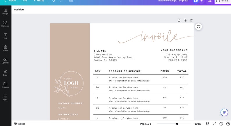 Printable Receipt | Invoice Template Editable | Small Business Custom ...