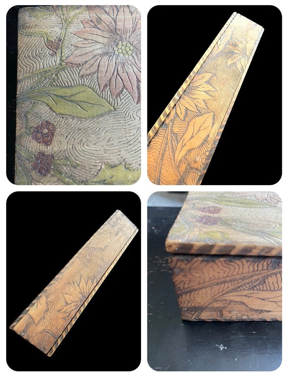 Antique Flemish Wood Burned Pyrography Box Poinsettia… - Gem