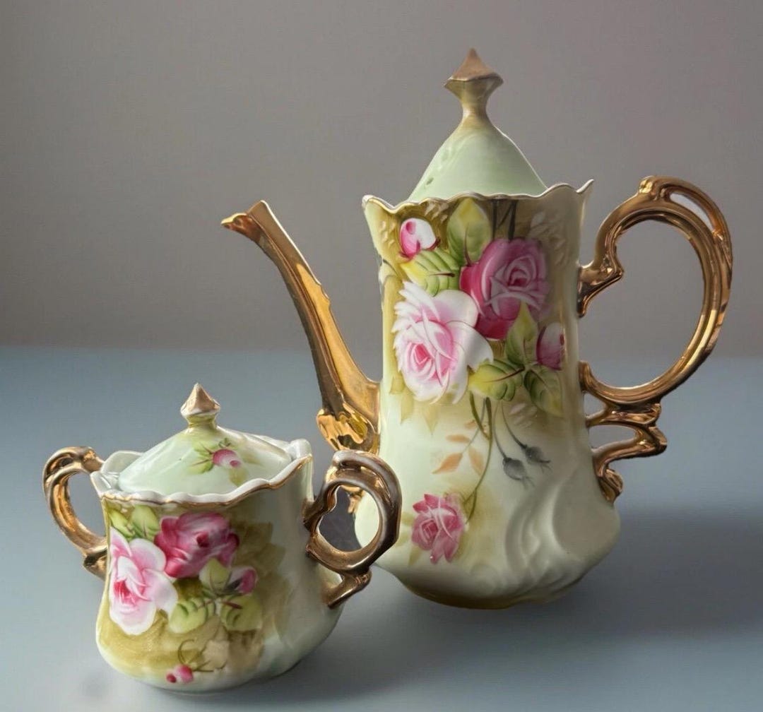 Vintage 1950’s Lefton China Heritage Rose Tea Pot W/lid & Sugar Bowl ...