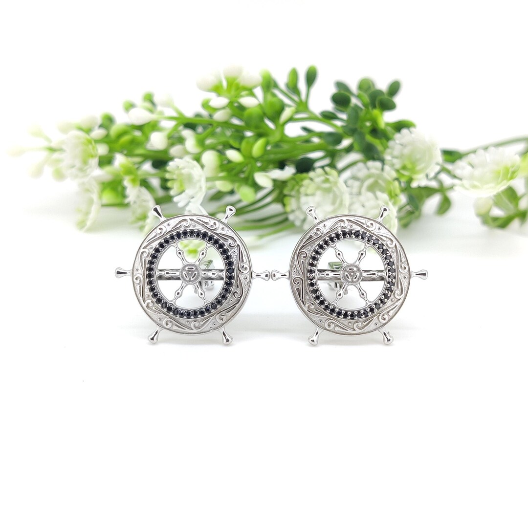 Black Spinel Ship Wheel Cufflinks: Sterling Silver Nautical Accessories ...