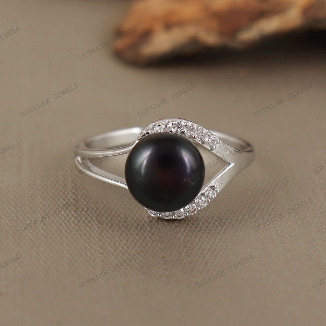 Natural Black Pearl Round Gemstone Ring, 925 Sterling Silver Black ...