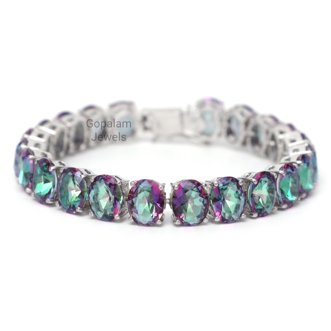 Mystic Topaz Bracelet: Faceted Oval Gemstone, Sterling Silver Tennis ...