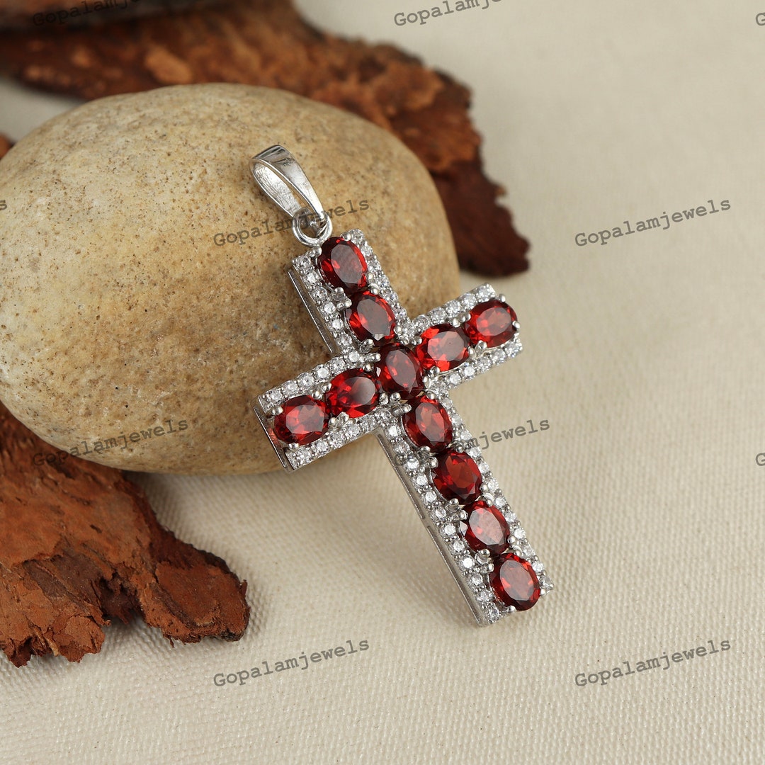 Natural Garnet Cross Pendant, 925 Solid Silver Criss Cross, Oval Garnet ...