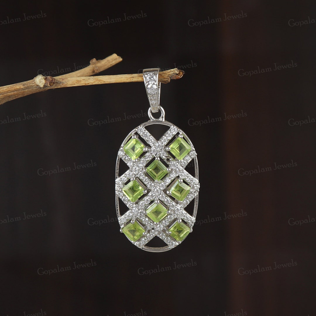 Natural Peridot Square Cut Gemstone Pendant, 925 Sterling Silver ...