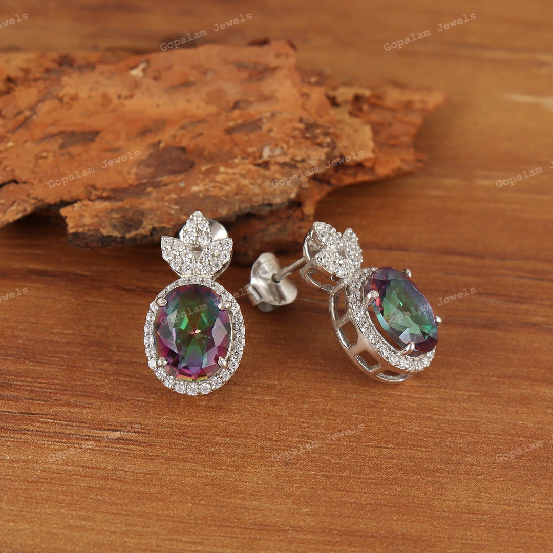 Natural Mystic Topaz Oval Cut Gemstone Earrings, 925 Sterling Silver ...