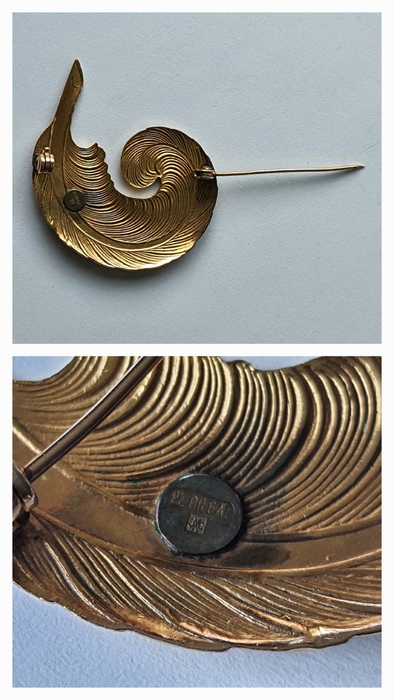 Broche ancienne plume d'autruche plaqué or - Gem