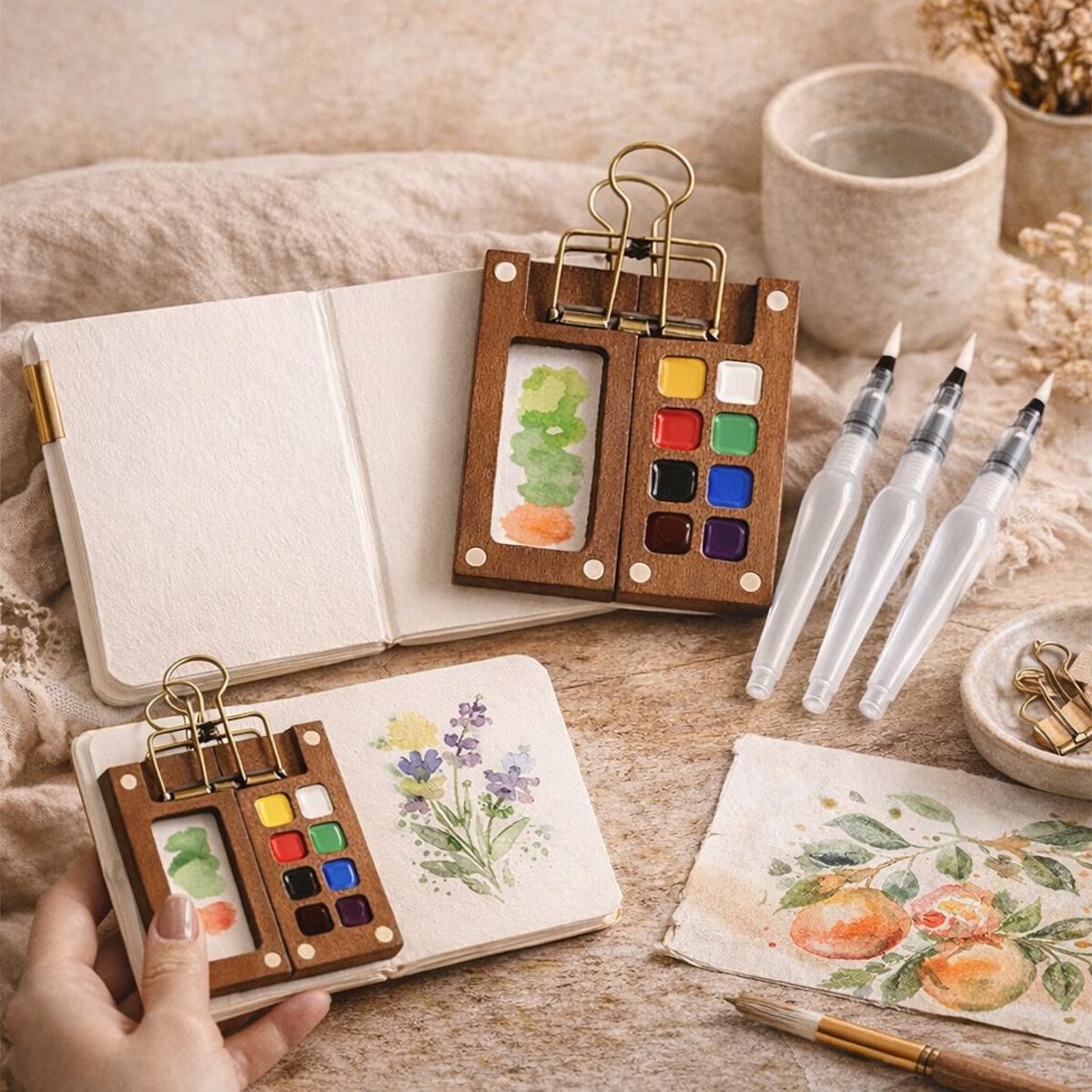 12 Colors Travel Set Portable Paint Box, Watercolor Palette Walnut Box ...