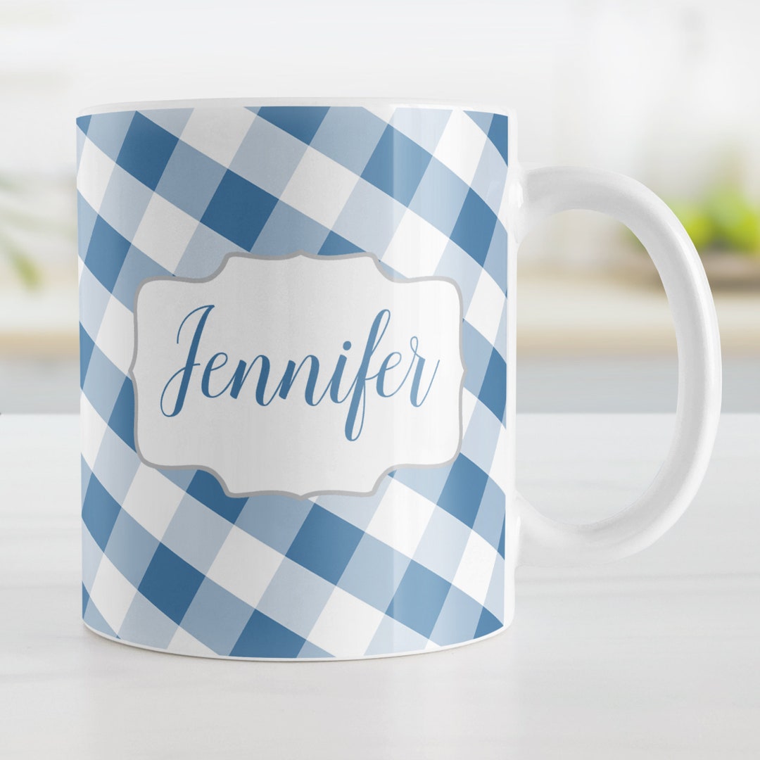 Personalized Gingham Mug, Blue Check Pattern, Country Kitchen - 11oz or ...