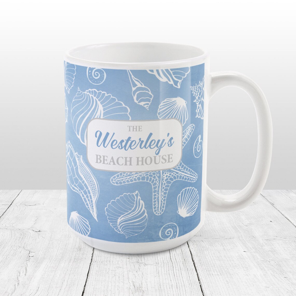 Personalized Beach Mug blue white seashell pattern beach | Etsy