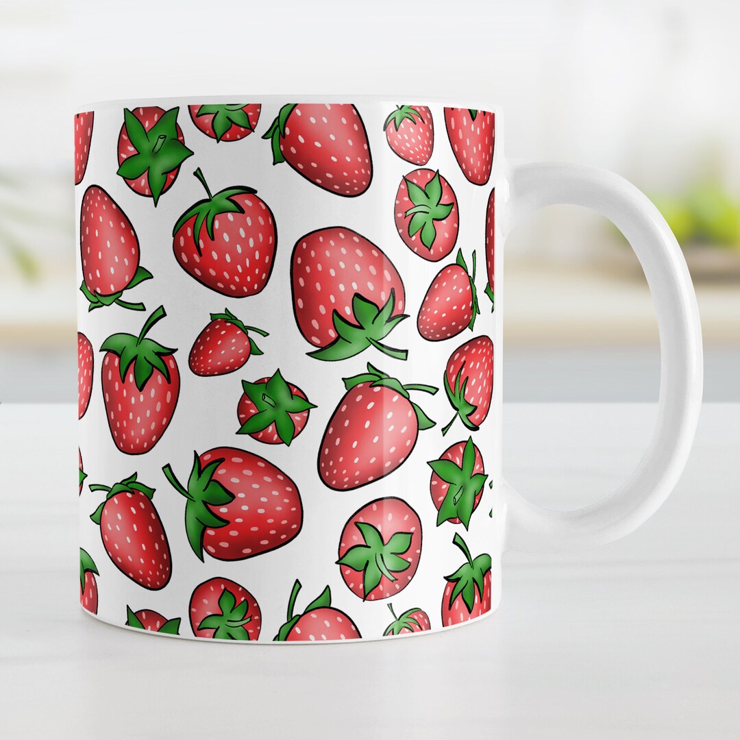Strawberries Mug, Red Green Strawberry Pattern, Spring Summer Fruit Mug ...